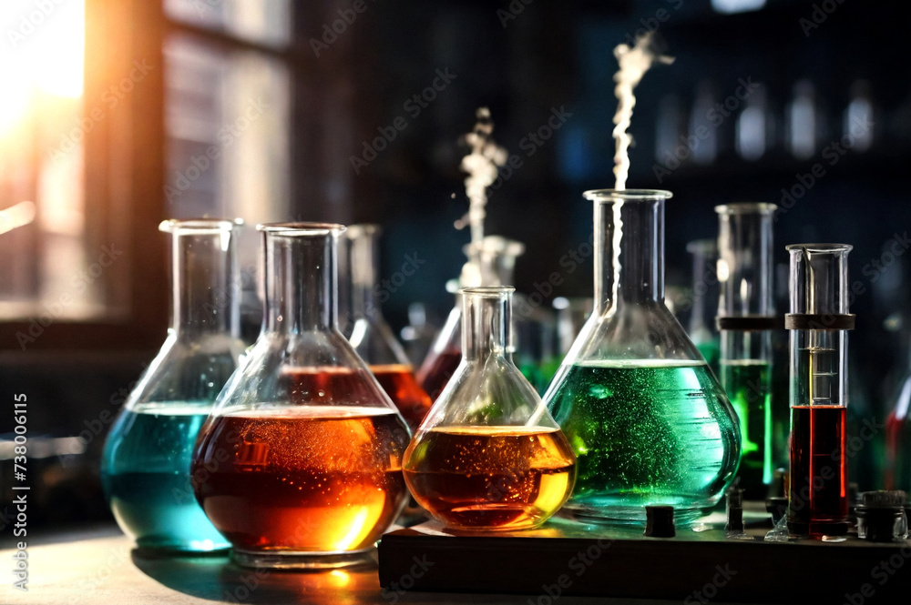 Close up of flasks and test tubes with acid in chemical laboratory ...