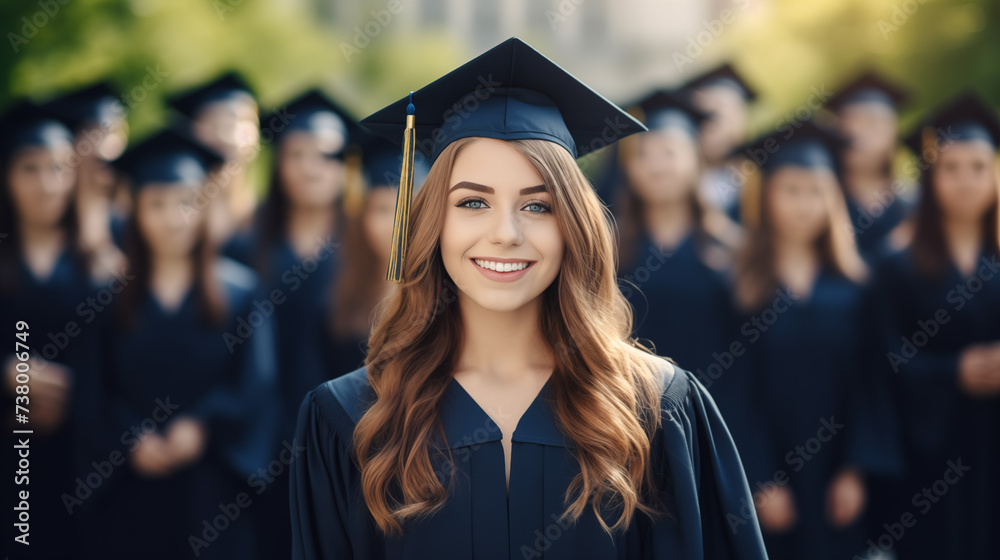 Portrait of beautiful happy girl in graduation attire among jubilant ...