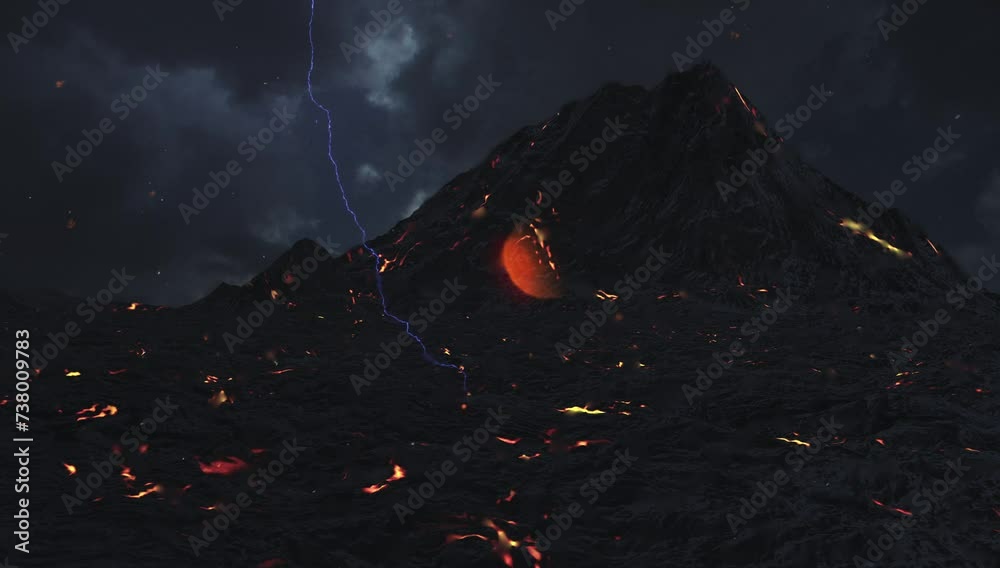 Vidéo Stock Volcanic mountain at night in stormy lightning weather ...