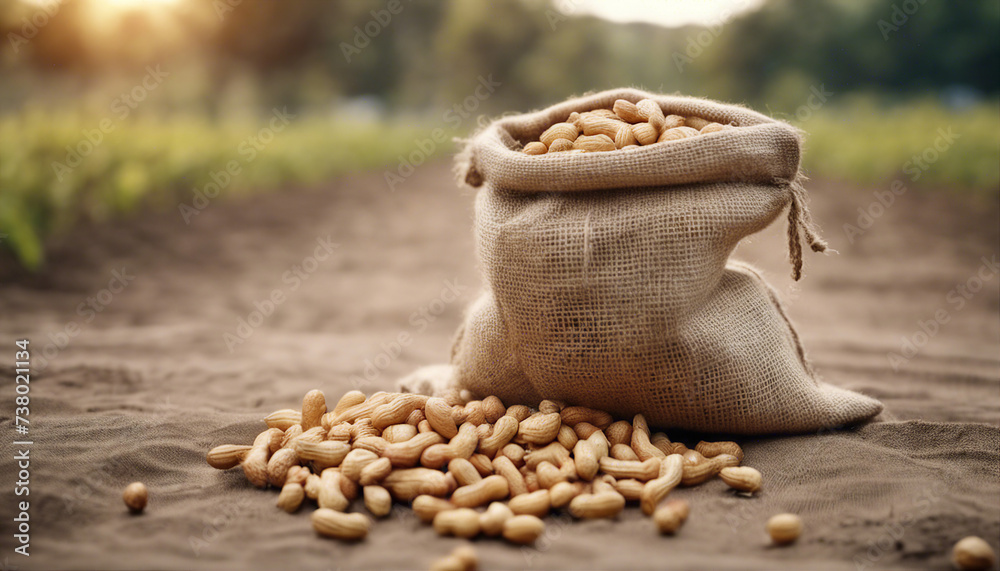 Peanuts in jute sack bag, background is peanut farm, roasted peanuts ...