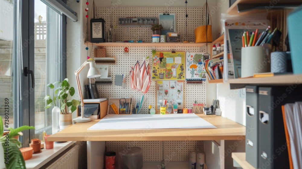 A dedicated craft nook in a small apartment featuring a folddown desk ...