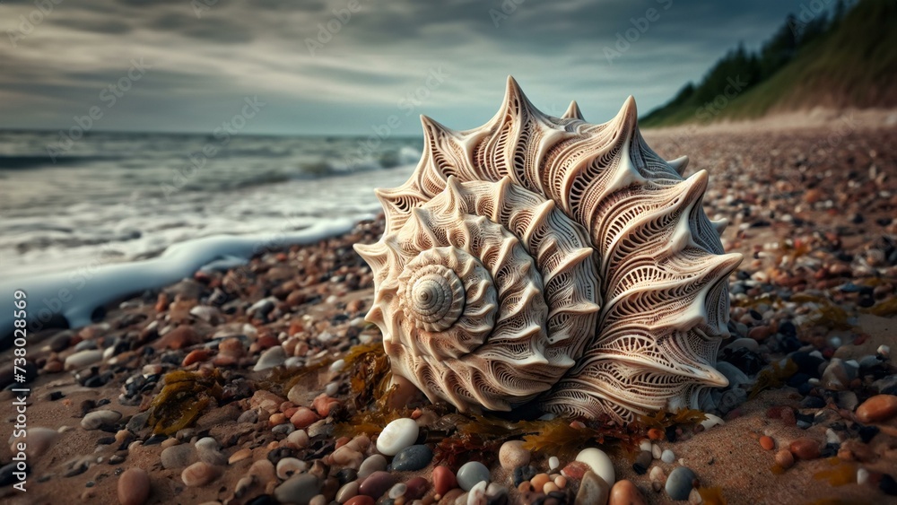 Large snail shell with strange structure on the beach, wide angle view ...