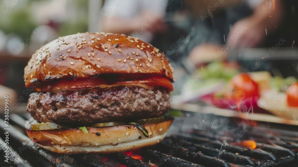 Fresh burger cooked at barbecue outdoors in craft paper. Cookout ...
