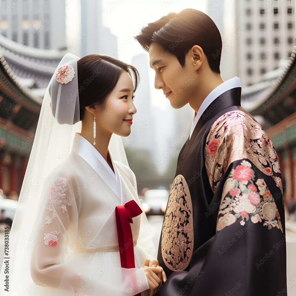 Bride and groom in traditional Korean attire gazing at each other ...