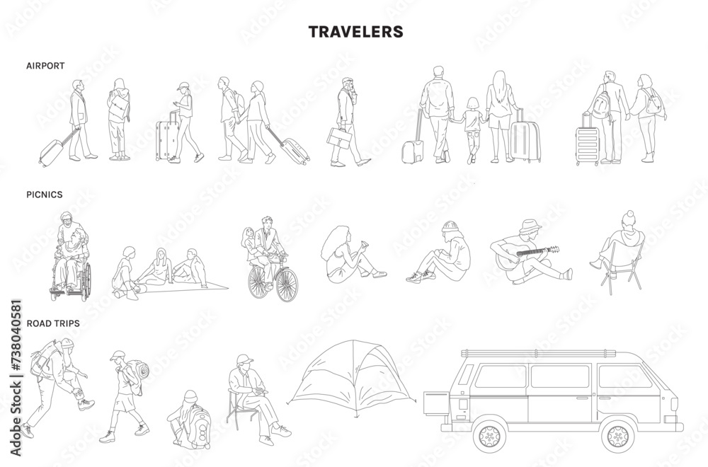 Vetor de travelers line cad art. Vector illustration of standing ...