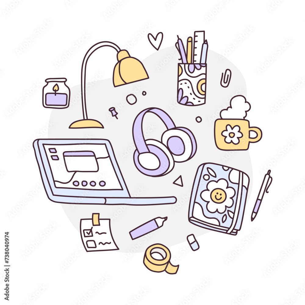 Desktop doodle set . Hand drawn color cartoon elements. Vector ...