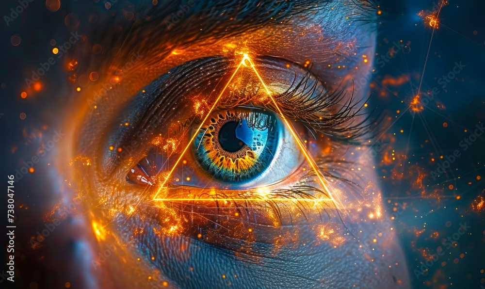 Mystical all-seeing eye encased in a glowing triangle amidst cosmic ...