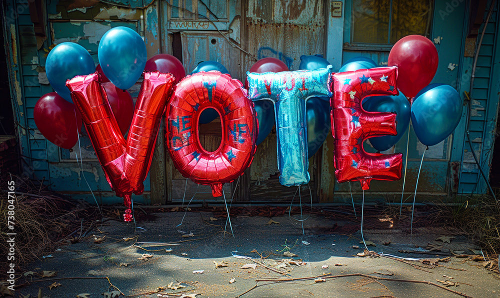 The word VOTE depicted in red and blue balloons, symbolizing American ...