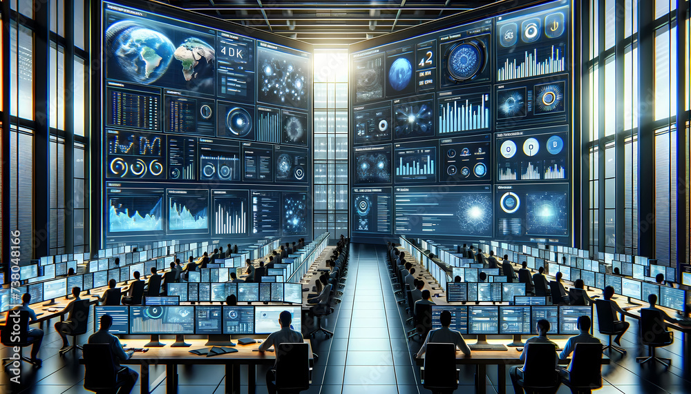 A high-tech command center for digital business operations, featuring large screens displaying ...