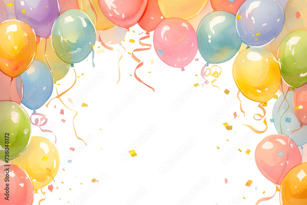 Cute cartoon colorful balloons frame border on background in watercolor ...