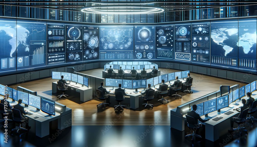 A high-tech workflow management center, featuring large screens that ...