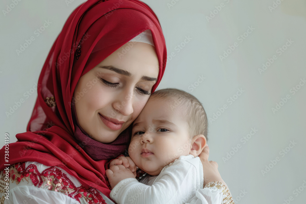 Arabian smiling mother wear hijab hugging her sweet baby over white ...