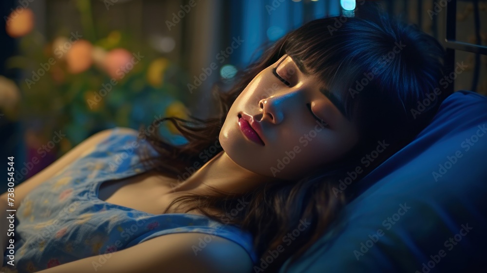 Top view image of asian woman sleeping alone in king size bed on white ...