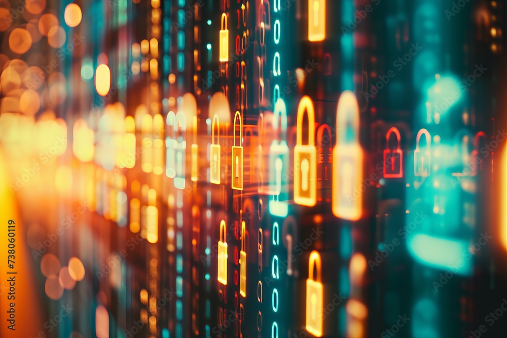 Secure connection dynamic and dramatic data stream with end to end encryption symbols Stock ...