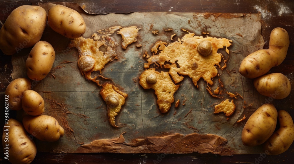 World map made of potatoes. All continents of the vegetables world ...