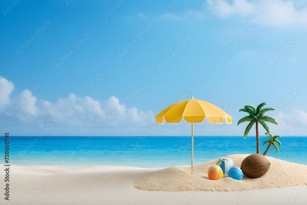 Miniature beach model, white sand, miniature azure waves, diminutive ...