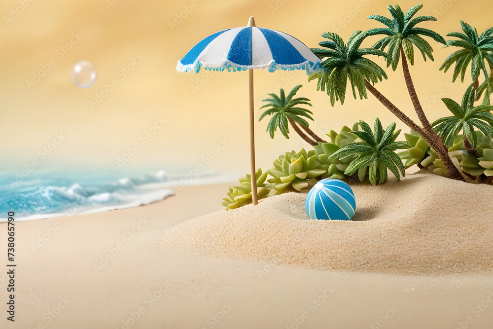 Miniature beach model, white sand, miniature azure waves, diminutive ...