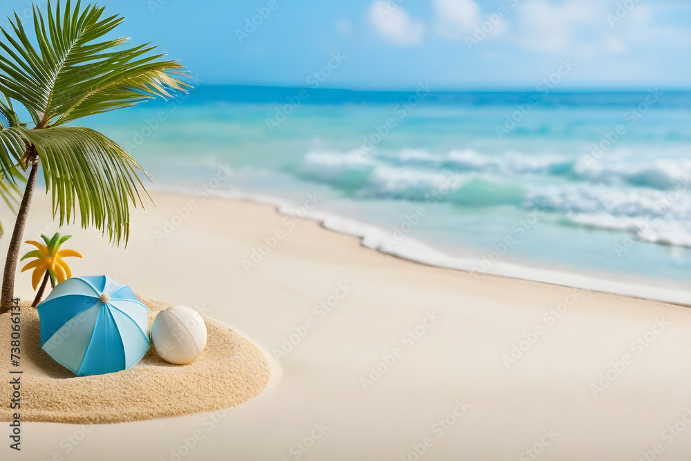 Miniature beach model, white sand, miniature azure waves, diminutive ...