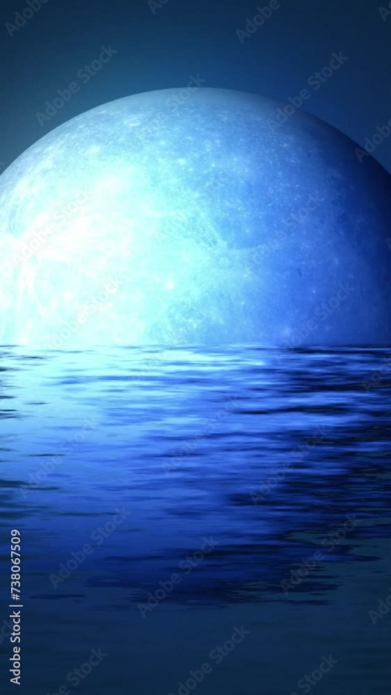 Full and New moon phases on a starry sky and water waves bright neon ...