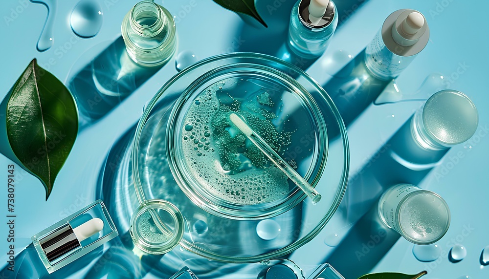 Cosmetic laboratory concept . Glass petri dish with cosmetic products ...