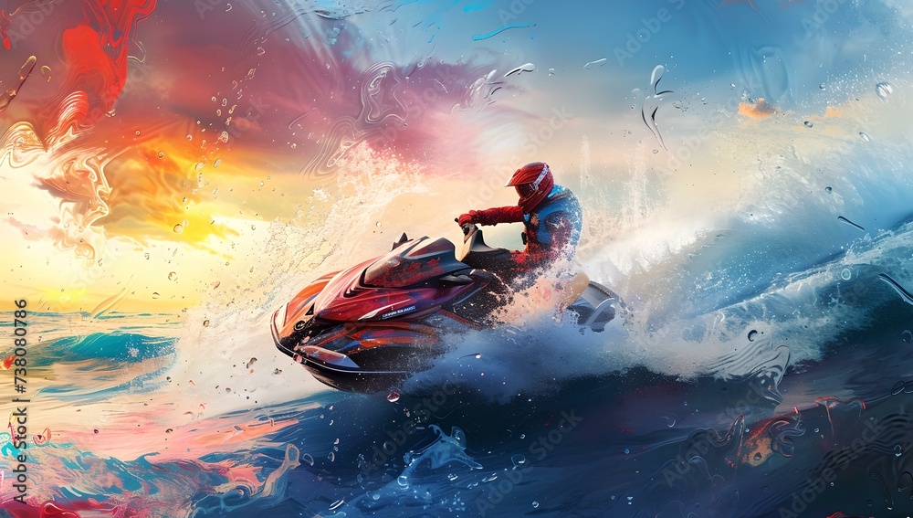 Dynamic jet ski action on turbulent waves. vibrant, colorful artwork of ...