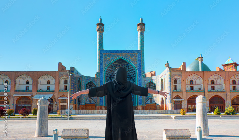 Beautiful Iranian girl wearing abaya with arms up happy - Shah (Imam ...