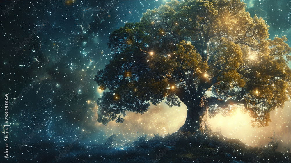 Construct an otherworldly background depicting an immense magical tree ...