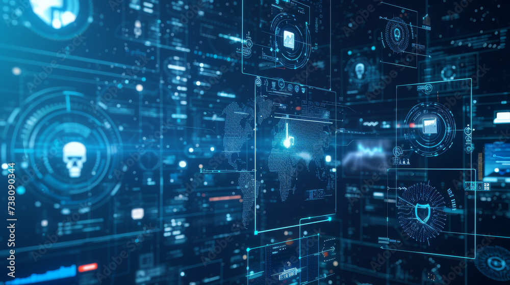 wide banner of security CCTV cameras and guard monitoring screen hud UI ...