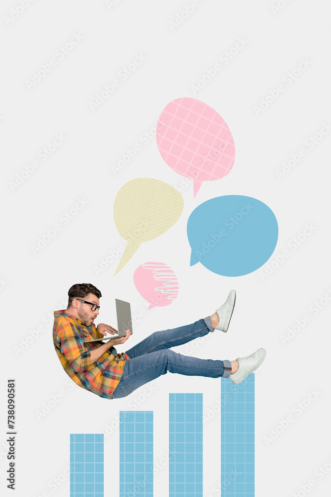 Picture collage artwork of young guy geek nerd writing texting typing ...
