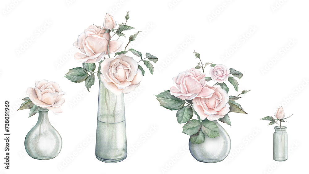 Watercolor set composition from peach fuzz color roses and green leaves ...