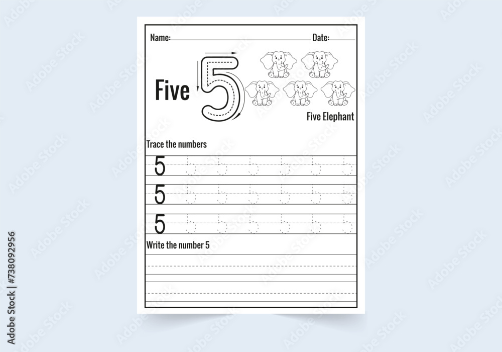 Number five tracing practice worksheet. write and count numbers and Coloring worksheets Stock ...