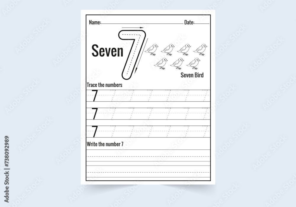 Vetor de Number seven tracing practice worksheet. write and count ...