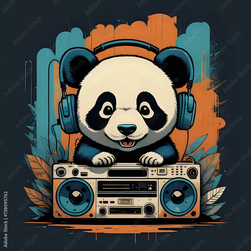 panda listening music with boombox cartoon - generated by ai Stock ...
