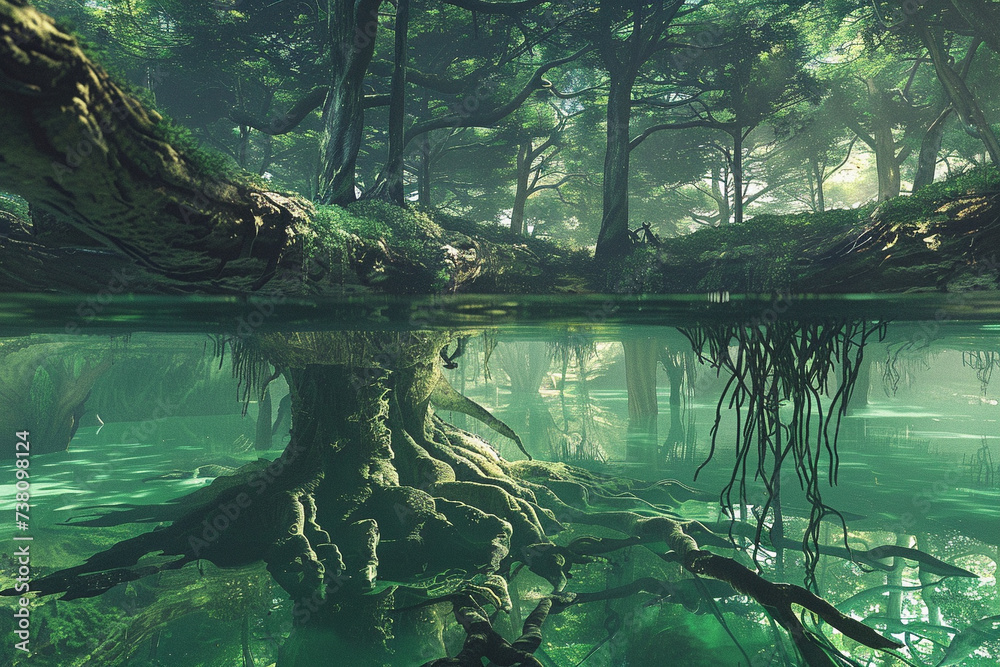 Design a captivating 3D render of a submerged forest where the tree roots hang overhead and form ...