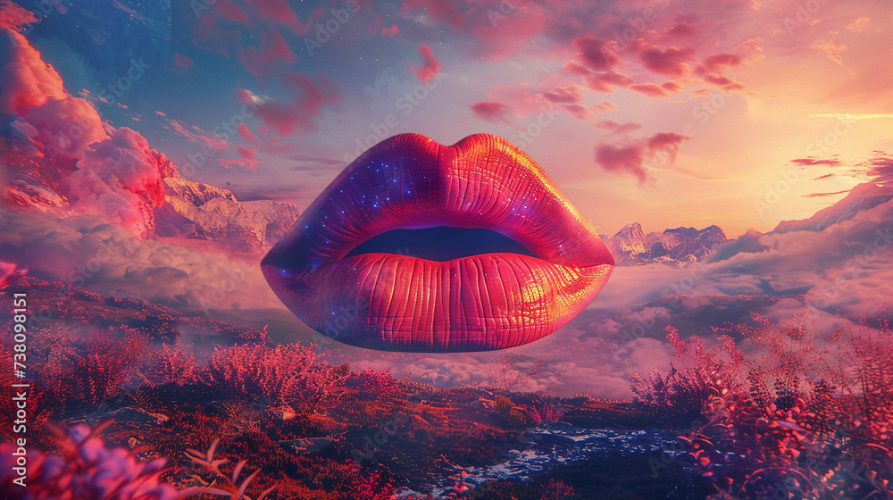Design a captivating 3D render where vibrant lips emerge from the heart ...