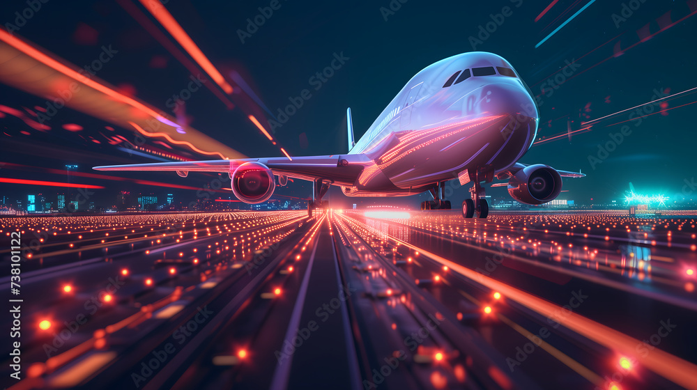 Hologram of the futuristic international logistic system. A neon-lit ...