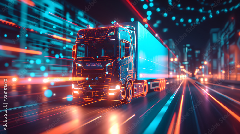 Hologram of futuristic logistic system. A neon-lit, high-tech truck ...