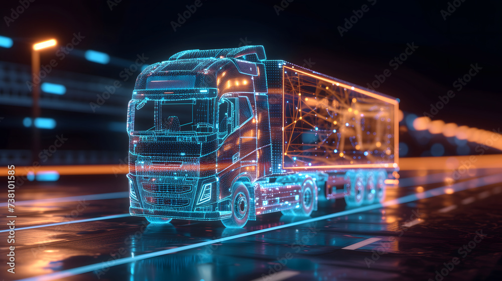 Hologram of futuristic logistic system. A neon-lit, high-tech truck ...