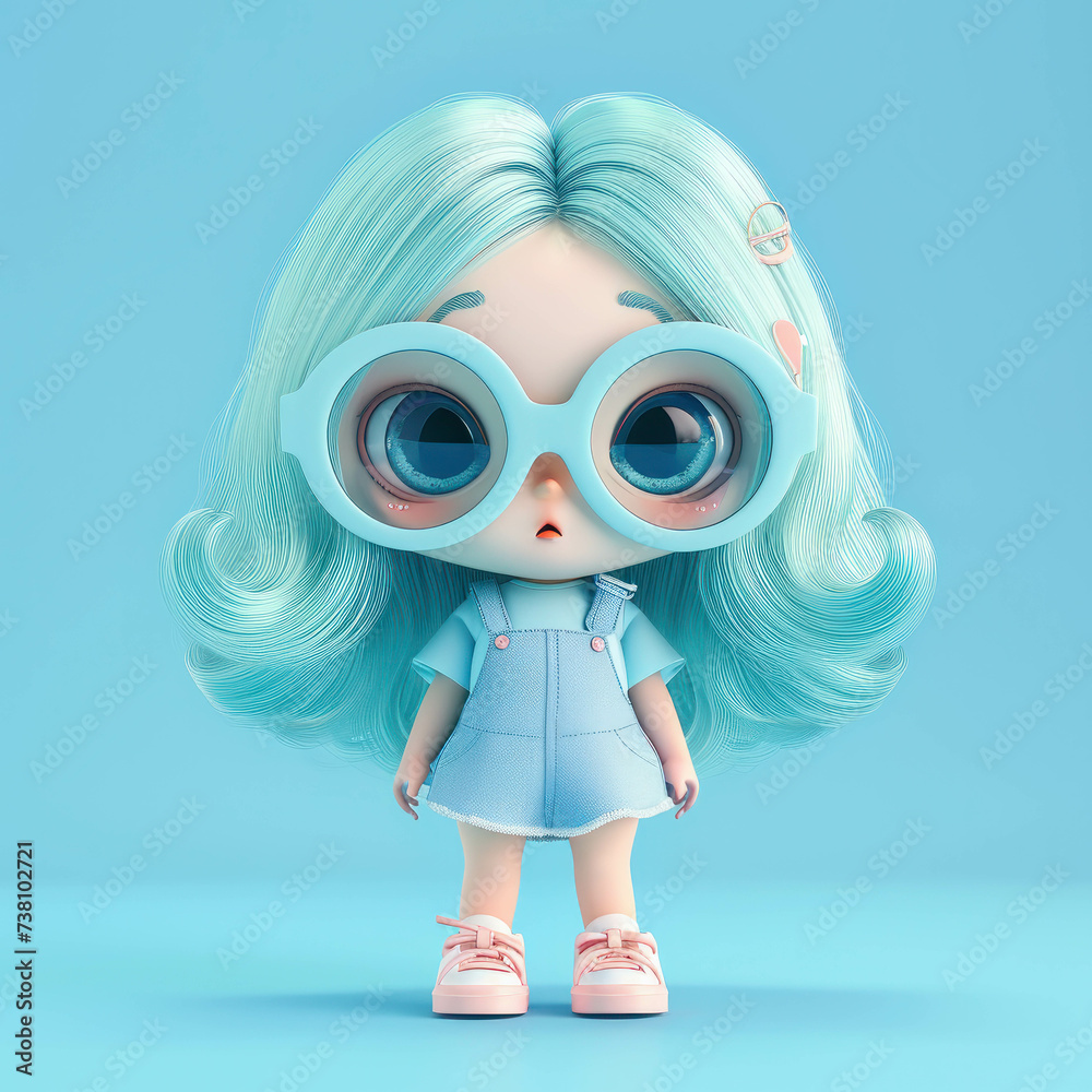 Adorable Popmart girl toy in light blue, summer setting. Pastel colors ...