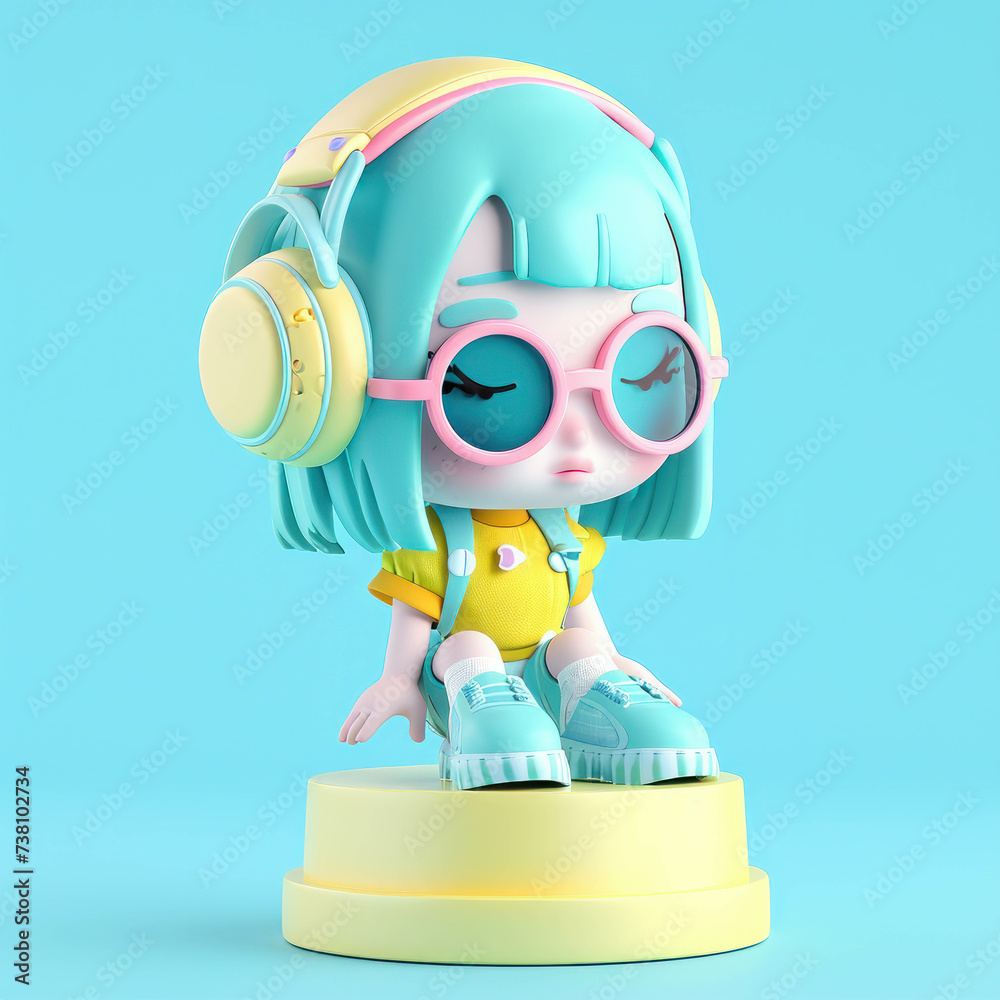 Adorable Popmart girl toy in light blue, summer setting. Pastel colors ...