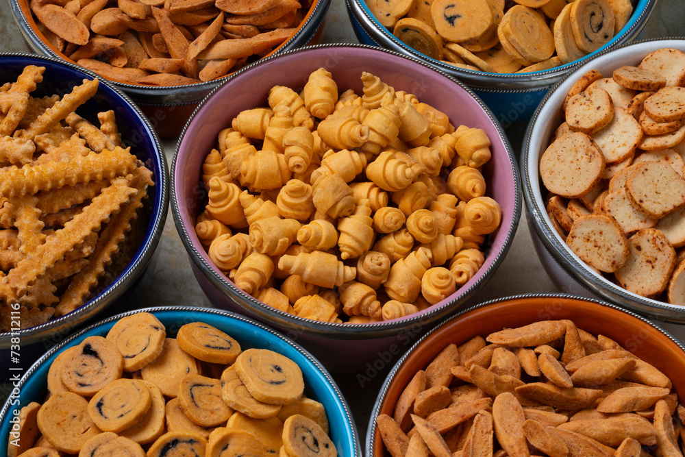 Colorful bowls with a variation of traditional Moroccan Krichlate spicy ...