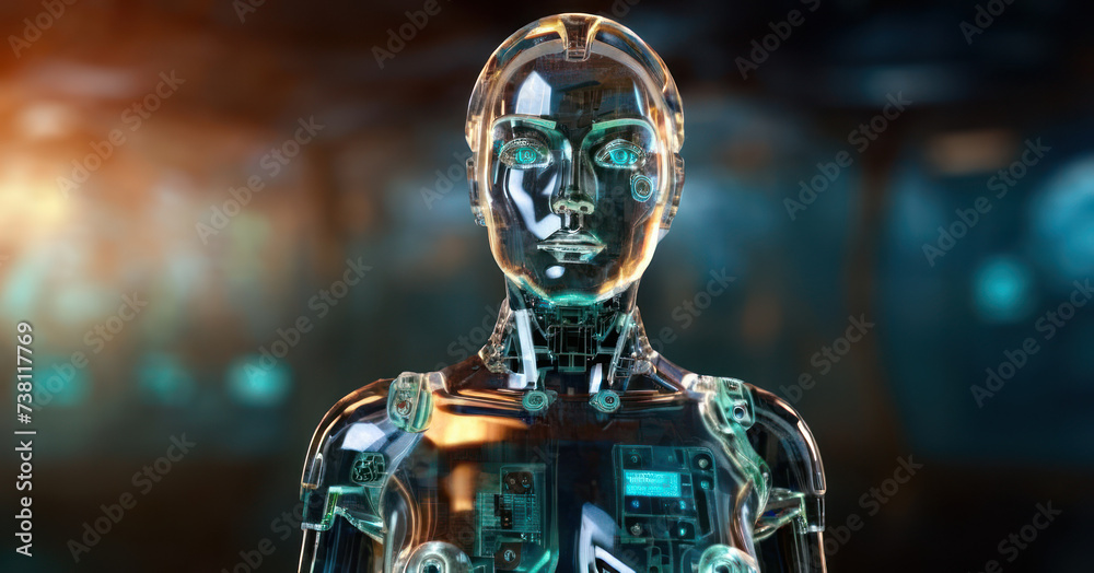 Abstract Transparent Cyborg girl on the dark background. Girl robot ...