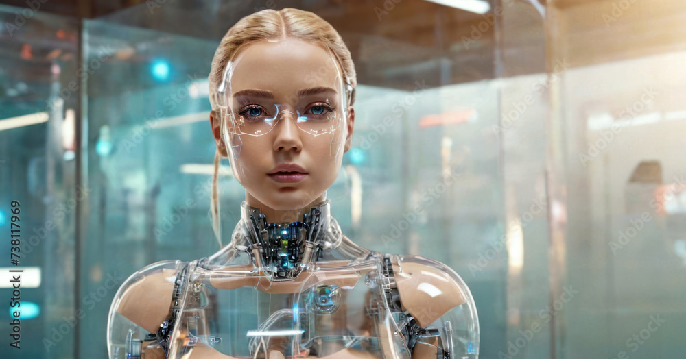 Abstract Cyborg girl on the blurred sci-fi background. Girl robot ...