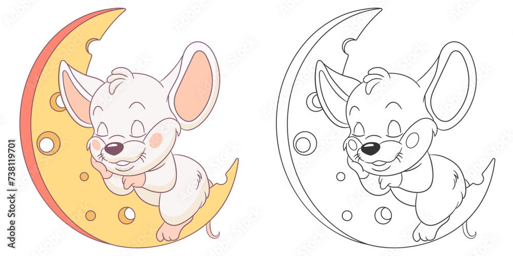 Mouse sleeping on a half moon made of cheese. Cute baby animal ...