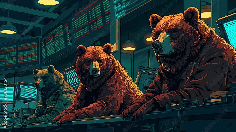 Three bears in jackets are sitting at a trading desk with computer ...