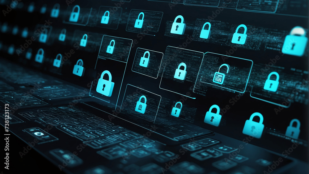 Locked Data Files, screen displaying a series of file icons lock symbol. Digital interface ...