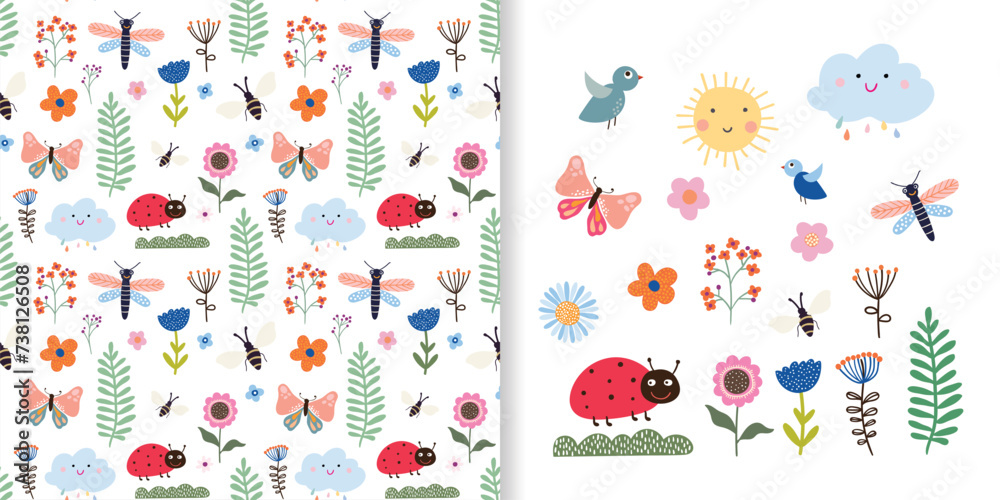 Childish spring and summer set with seamless pattern and cute elements ...