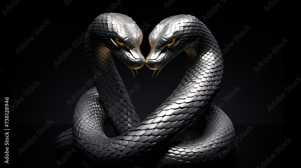 a 3d render of a silver render of two cobra's intertwined sticking ...