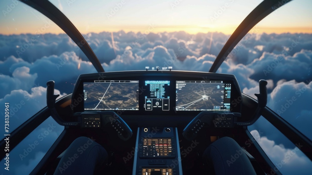 view of an aero taxi's cockpit, with an AI pilot navigating through a ...