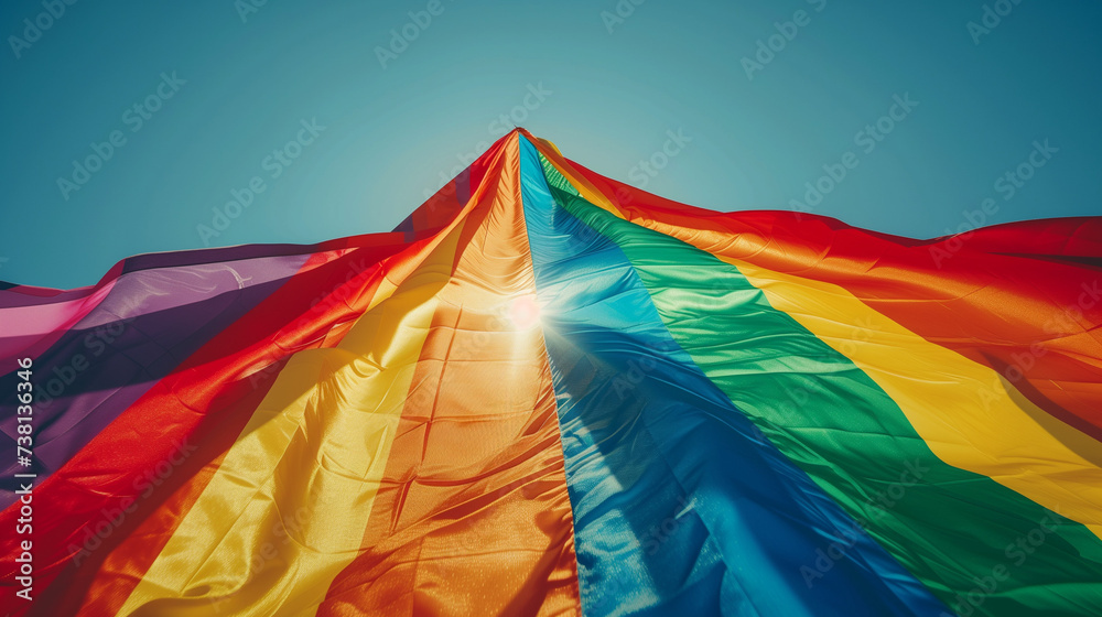 Pride month and inclusivity, support of LGBTQ. LGBT rainbow flags being waved in the air at a ...